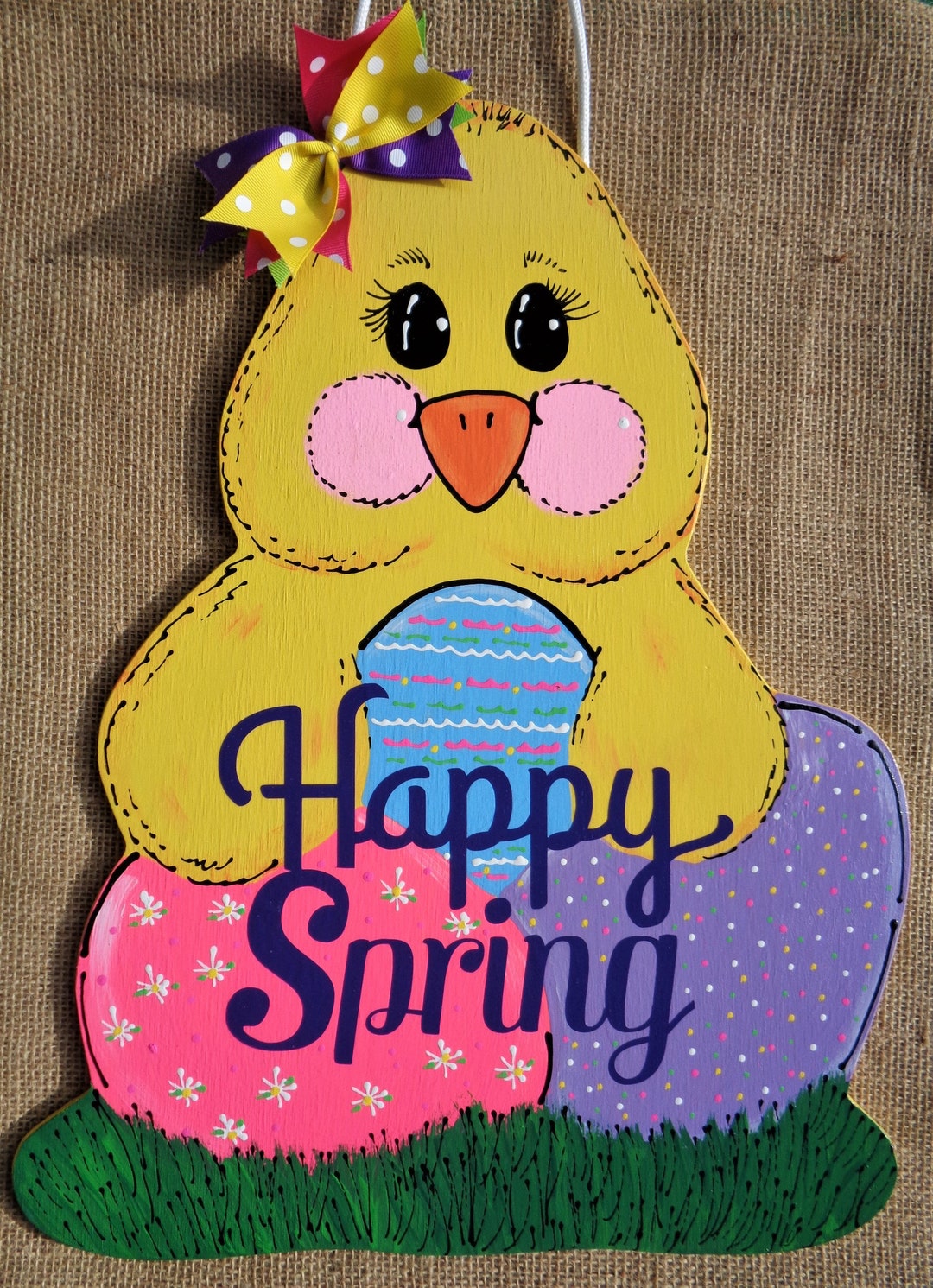 HAPPY SPRING CHICK W/eggs Wall Art Door Sign Hanger Hanging Plaque ...