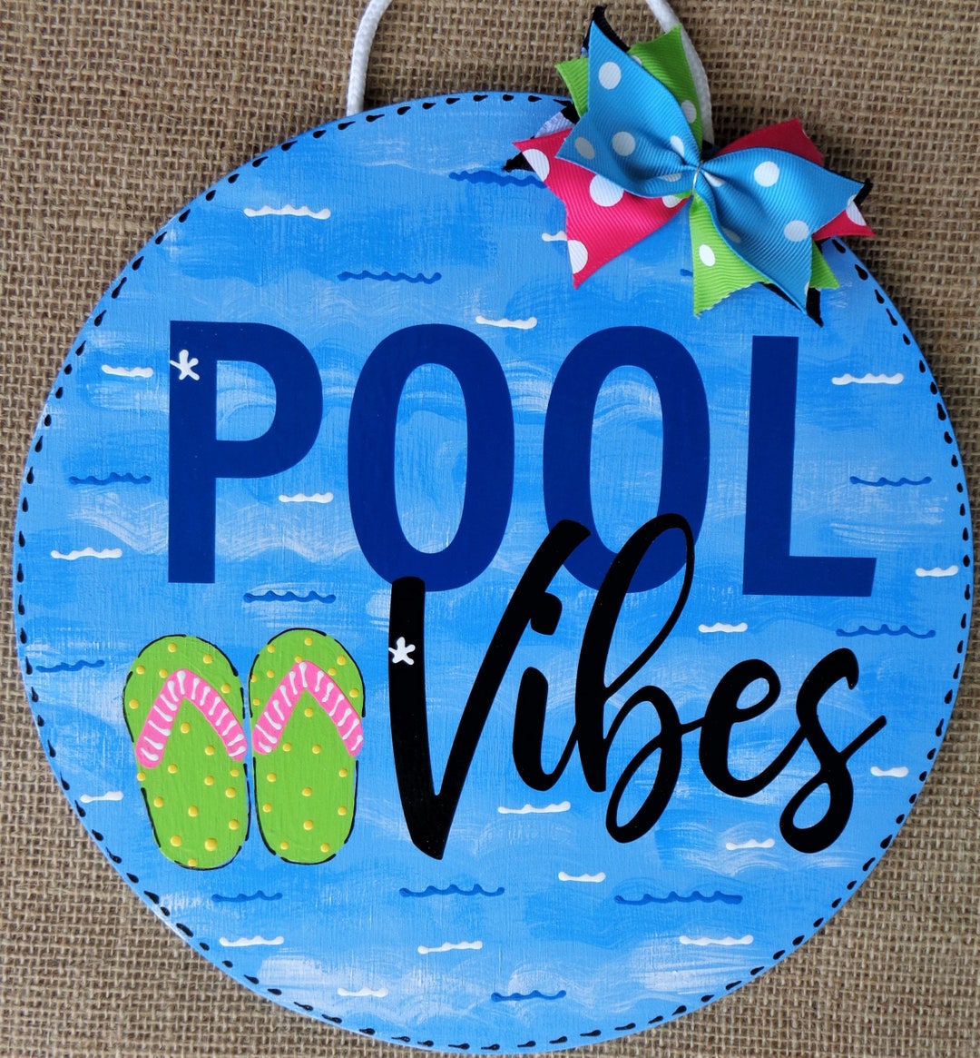 POOL VIBES Circle Sign Wood Handcrafted Plaque Door Hanger Outdoor Flip ...