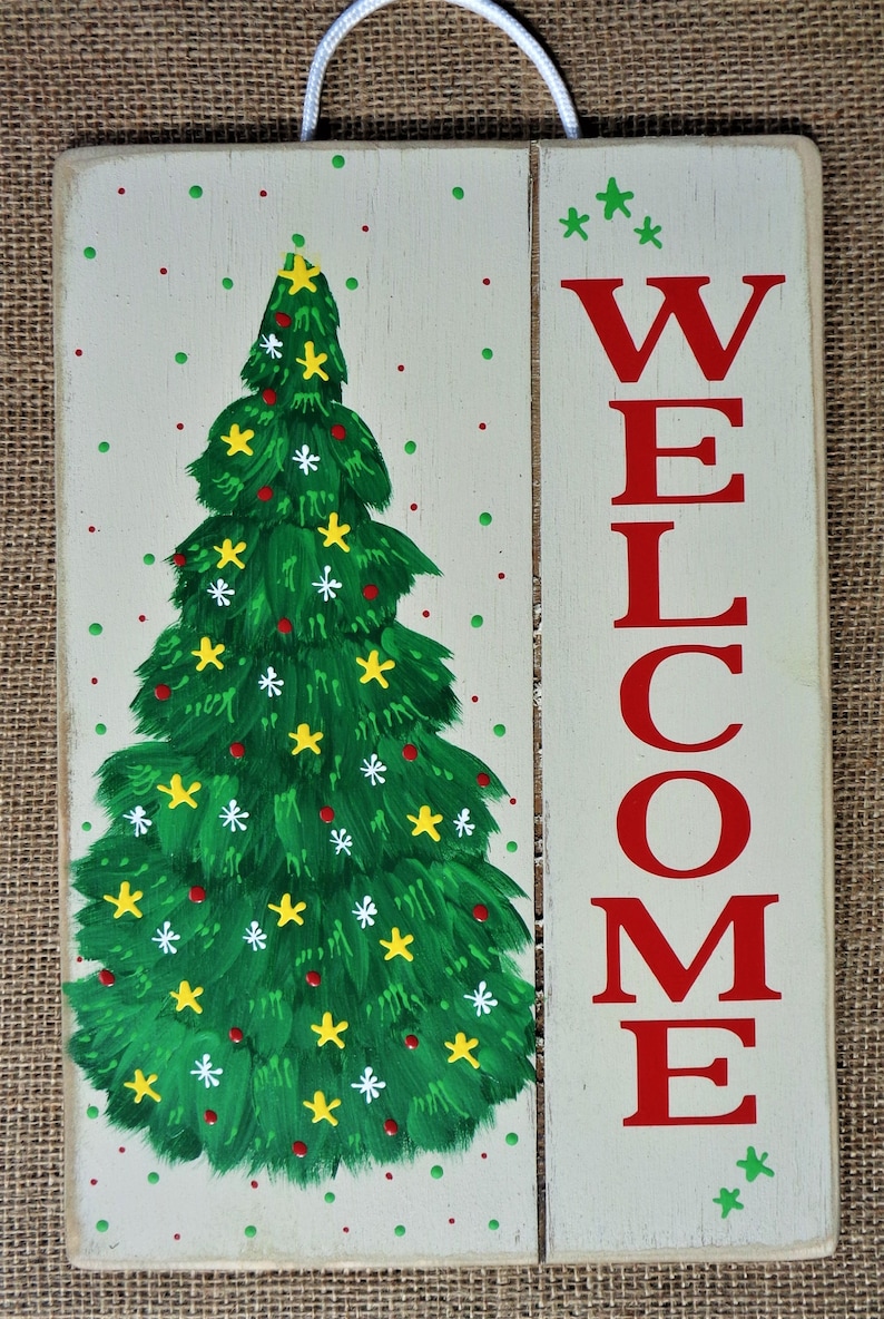 Distressed WELCOME CHRISTMAS TREE Sign Wall Art Door Hanger - Etsy