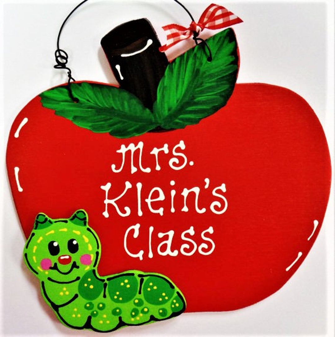 Personalized APPLE W/worm TEACHER SIGN Name Plaque School - Etsy