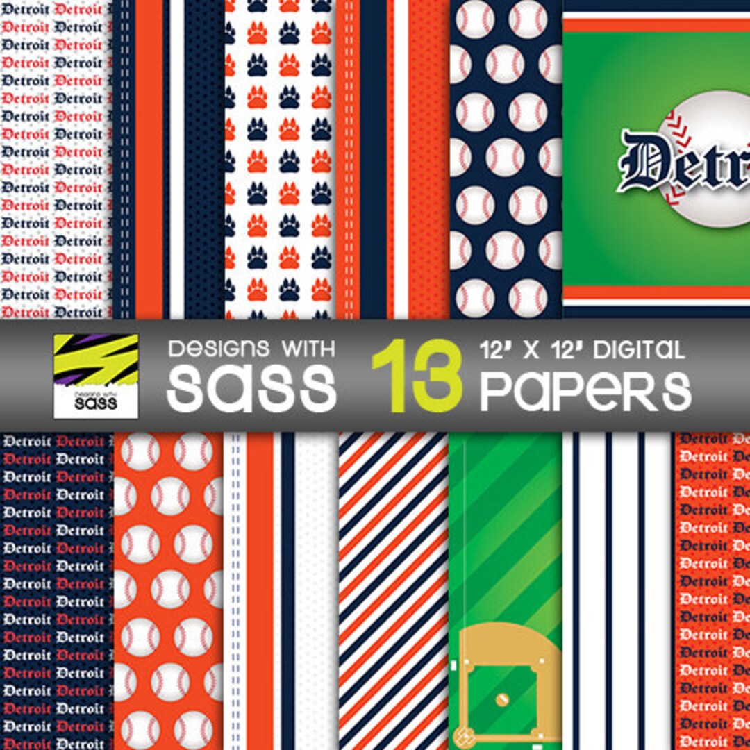 Digital Paper, Detroit Baseball Pattern, Detroit Baseball Paper ...