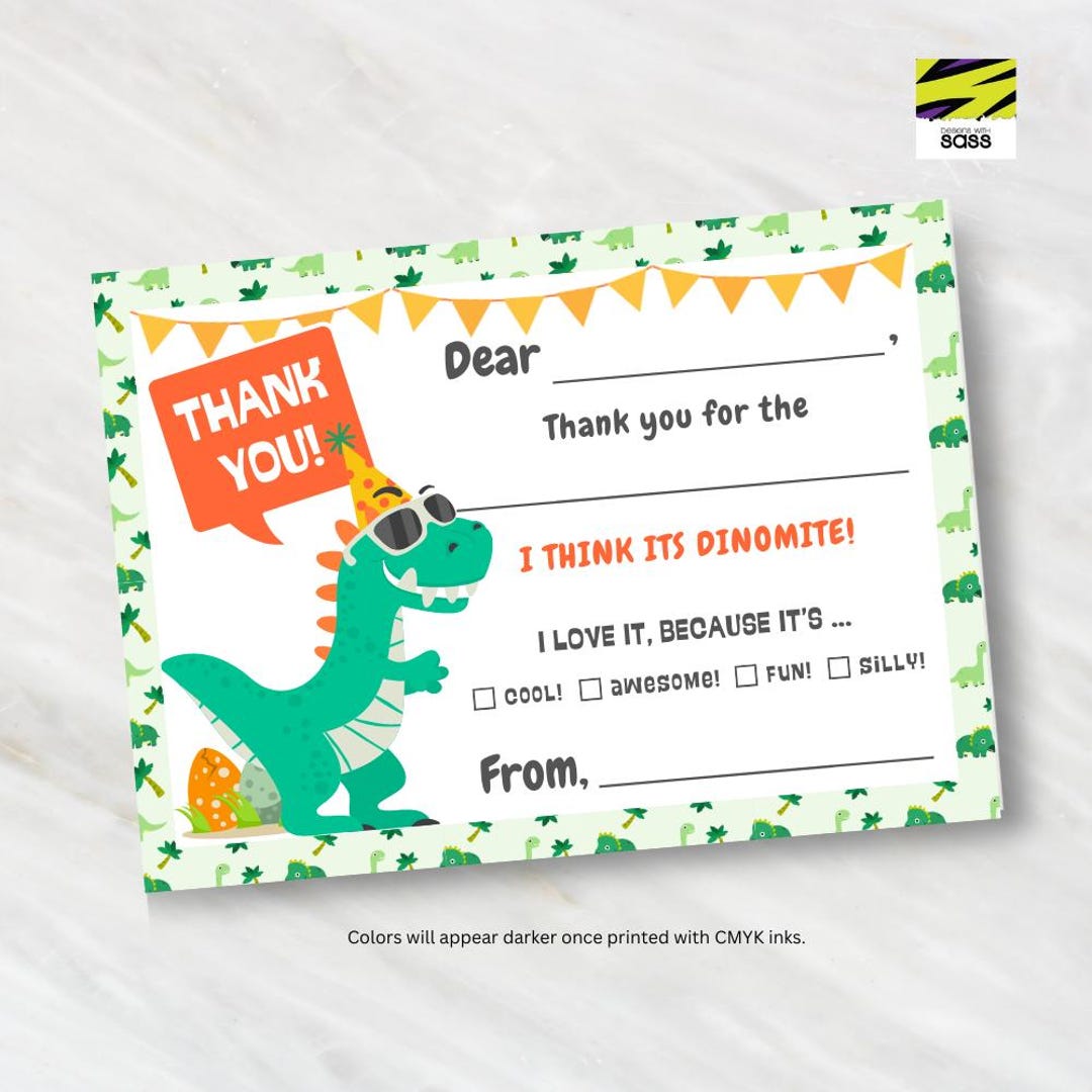 Printable Dinosaur Theme Kids Thank You Notecard, Fill in the Blank Thank You, Kids Stationery ...