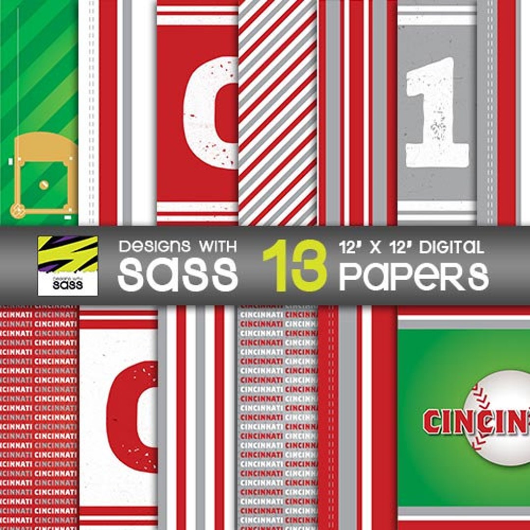 Digital Paper, Cincinnati Baseball, Sport, Red, White, Gray, Pattern ...
