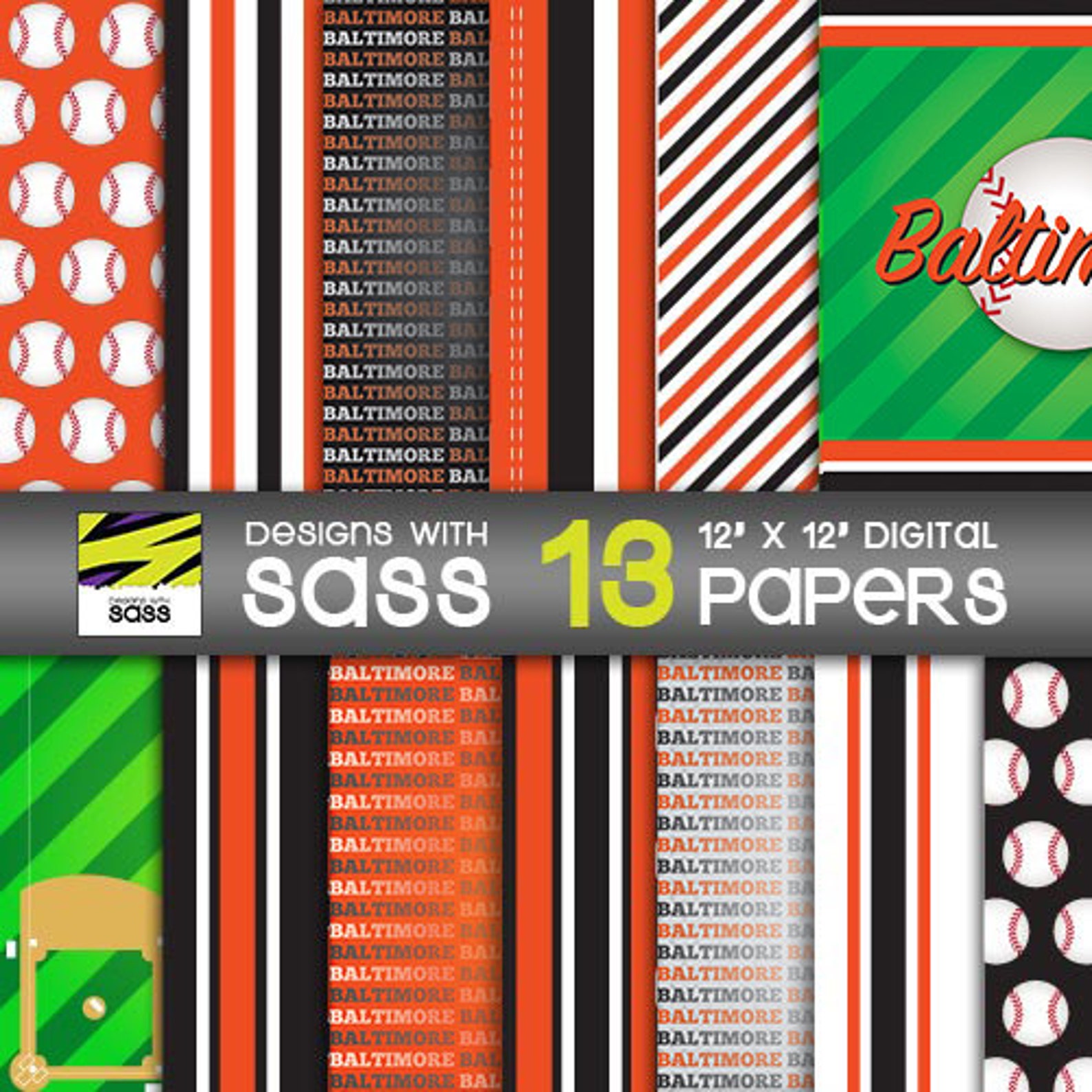 Digital Paper, Baltimore Baseball Scrapbook Paper, Baltimore Baseball ...
