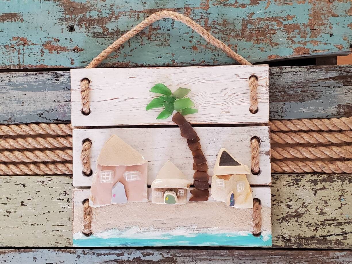 Beach House Art - Sea Glass Art- Sea Pottery Art - Palm Tree - Beach ...