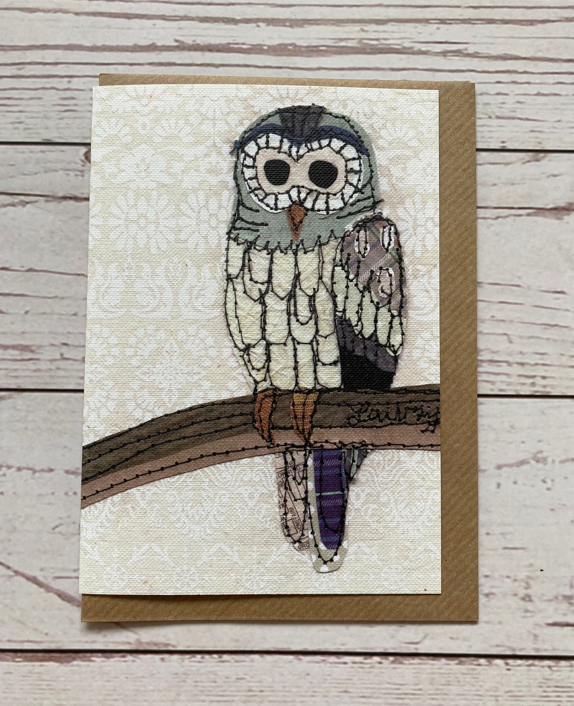 Owl Greeting Card Displays Printed Image of the Original Textiles Piece ...