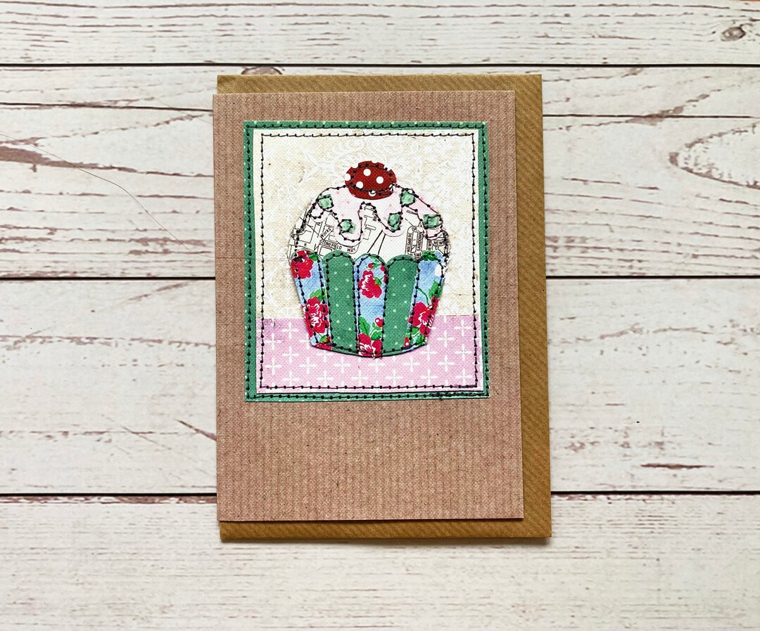 Cupcake Paper Collage Card, Embroidered Art Greeting - Etsy