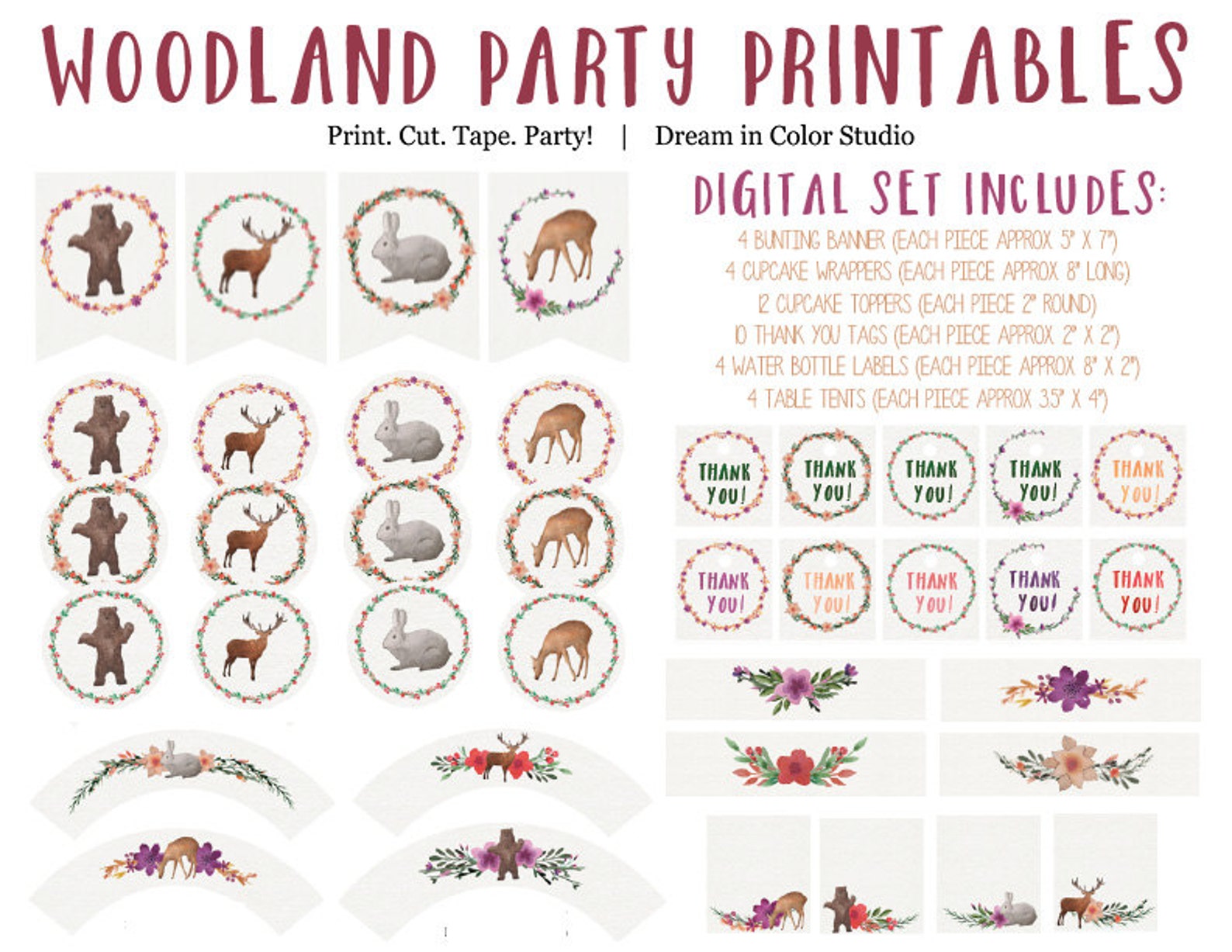 Woodland Creatures Floral Digital Party Printable Set - Birthday, Baby ...