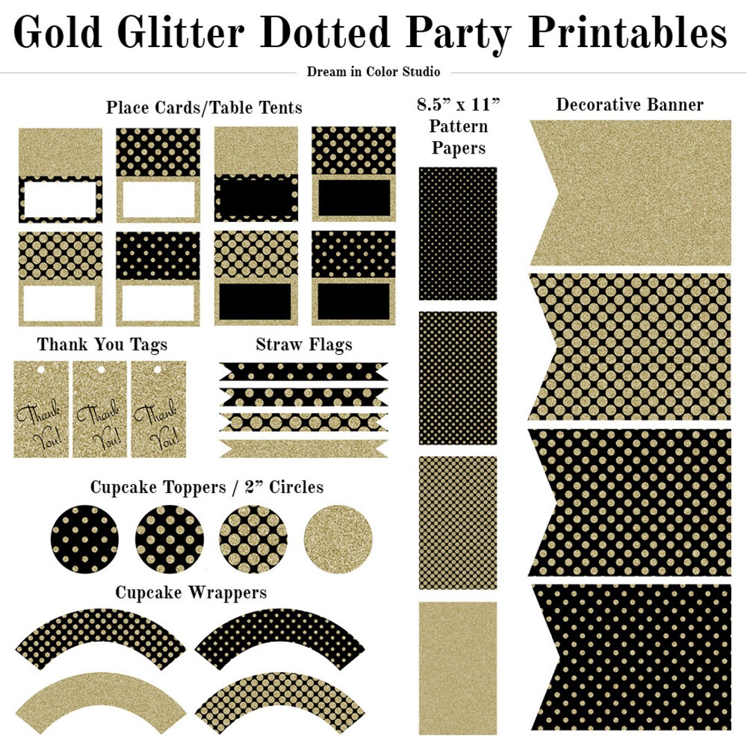 Black Gold Glitter Party Printables Holiday Birthday Graduation - Etsy