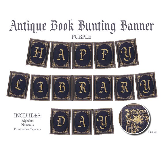 Purple Antique Book Bunting Banner - Digital Party Decor Printable by ...