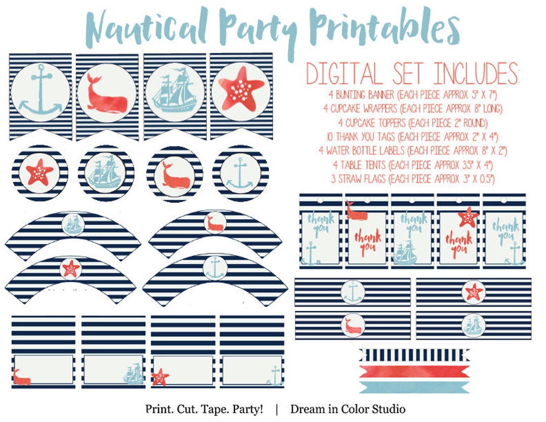 Nautical Digital Party Printables - Beach, Summer, Boat, Birthday, Baby ...