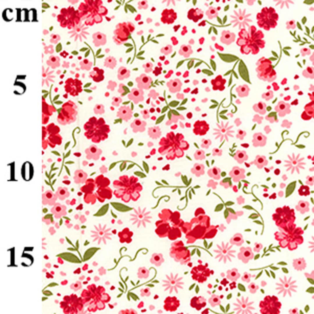 Cotton Fabric Pretty Red & Pink Flower Print on Ivory Floral Craft ...