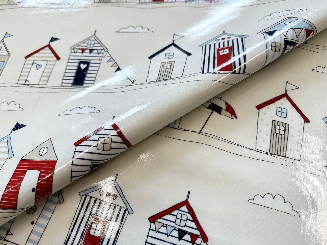 Table Cloth Fabric 'beach Huts' Cream Blue Red Seaside Print PVC Vinyl ...