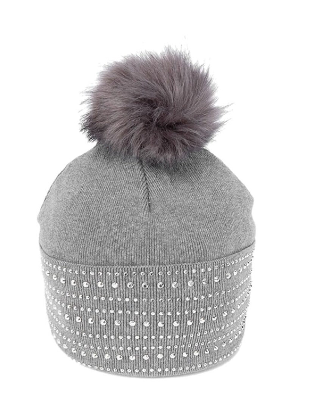 Ladies Womens Soft Bobble Hat in Grey With Faux Fur Pom Pom and Silver ...