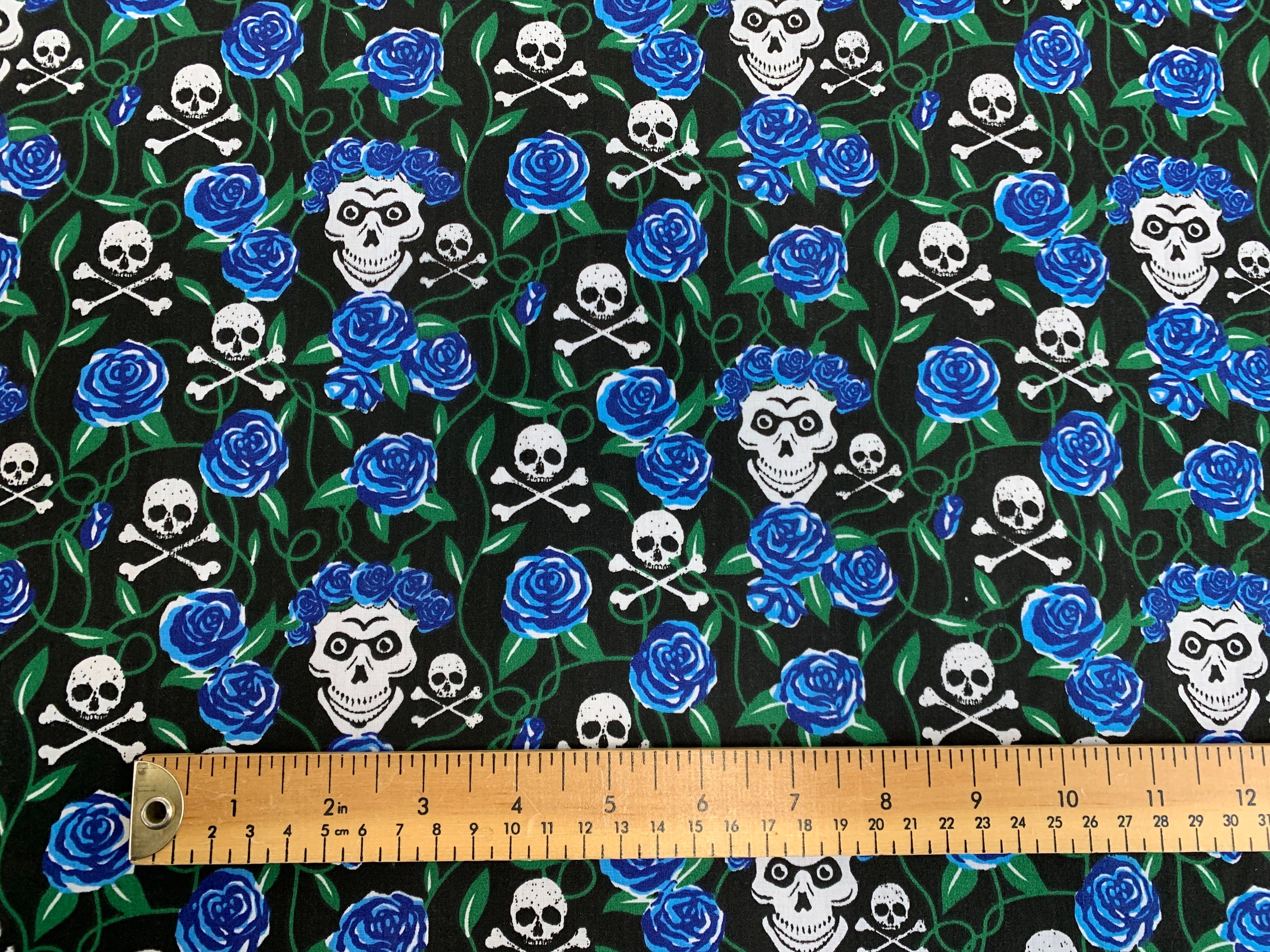 Skull Print Fabric Poly Cotton Ivory Skulls & Blue Roses | Etsy