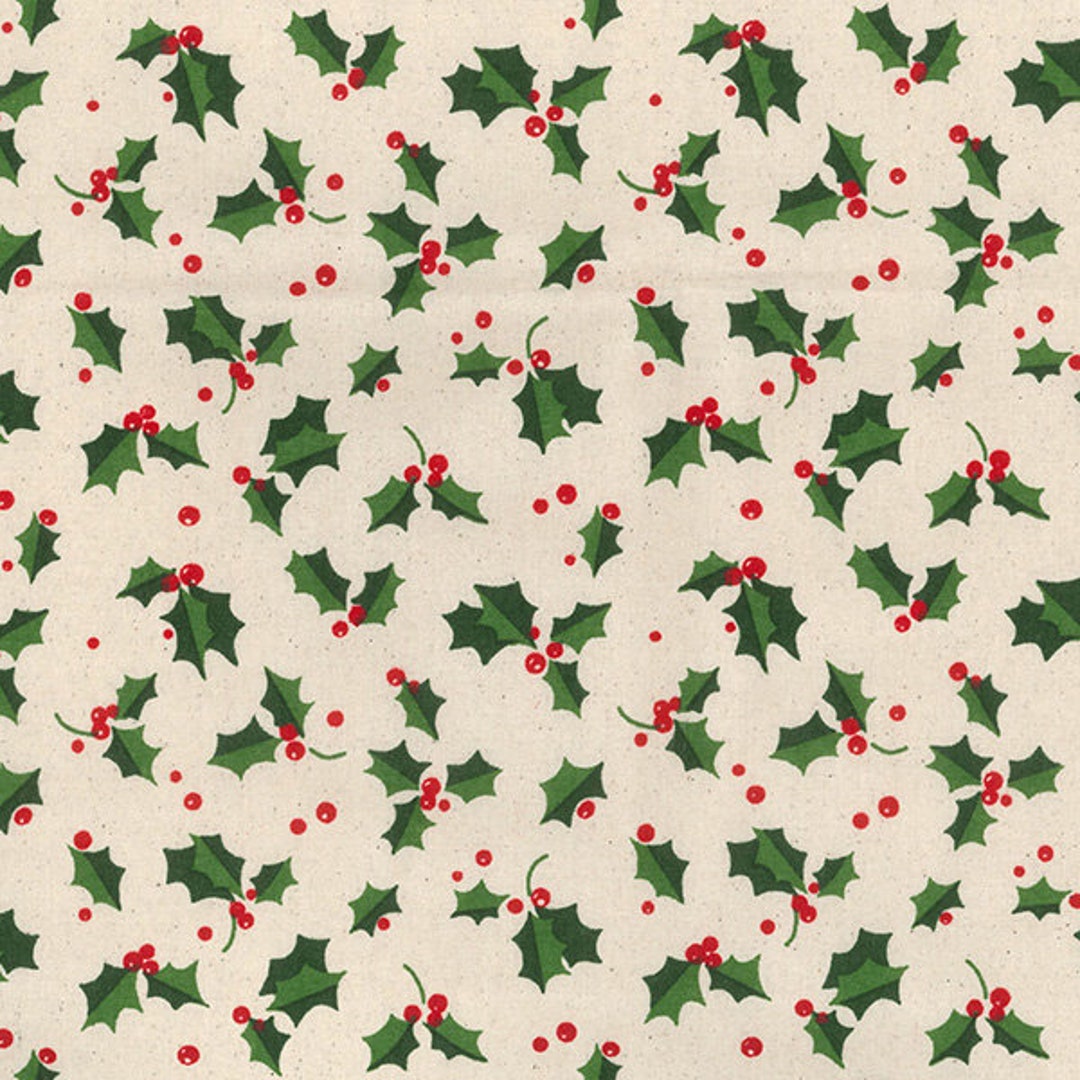 Christmas Fabric Holly & Berries on Natural Scandi Xmas Craft Fabric ...