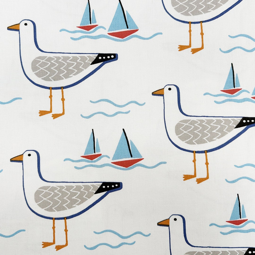 Cotton Fabric 'gull' Ivory Seagulls & Boats Nautical Print Upholstery ...