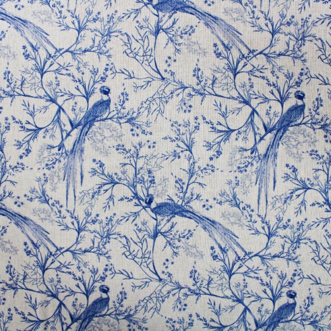 Linen Mix Fabric Blue Jay Bird & Floral Print Linen Dress Fabric ...