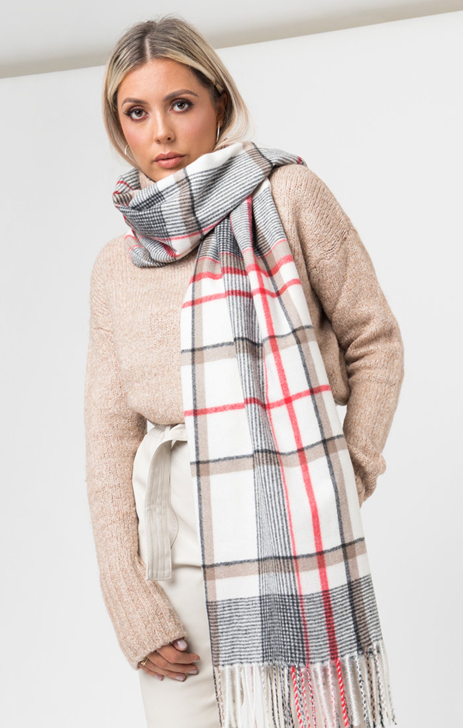 Ladies Womens White Beige & Red Checked Cashmere Feel Scarf - Etsy Denmark