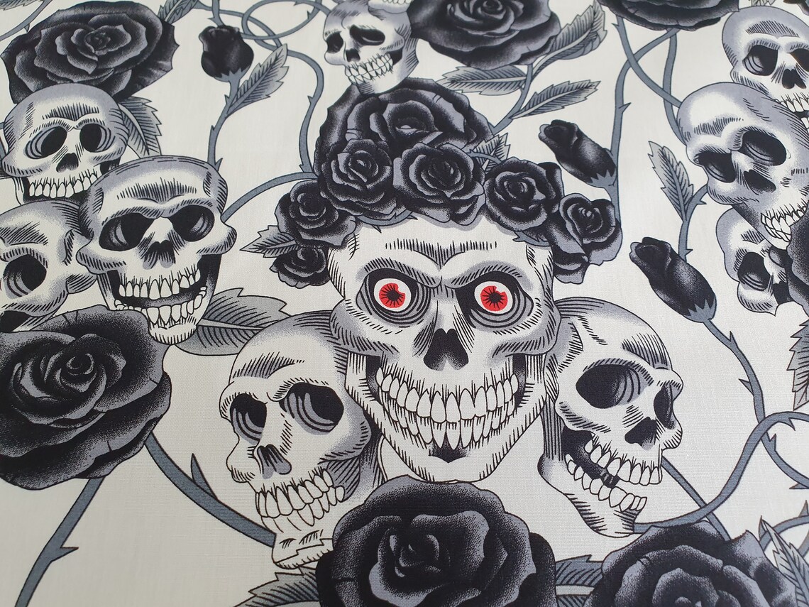 Skull Print Fabric 100% Cotton Skulls & Black Roses on Ivory - Etsy