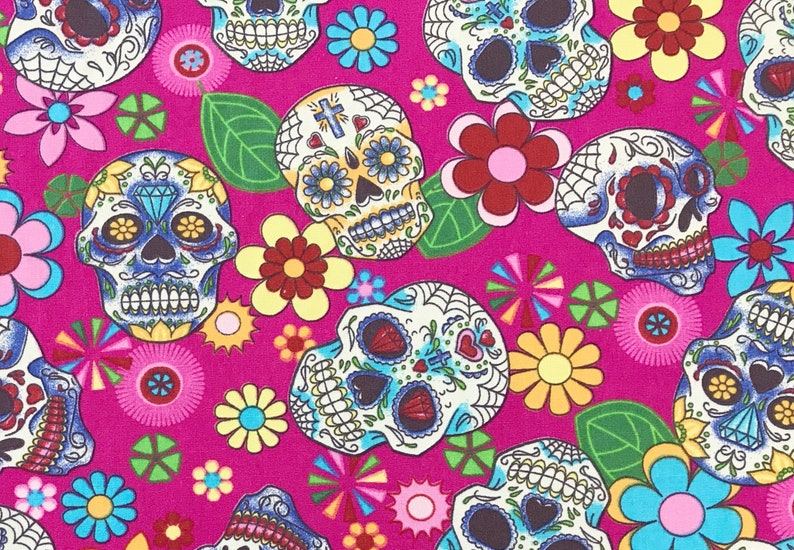 Pink Skulls Print Fabric Sugar Skulls Día De Muertos Day - Etsy