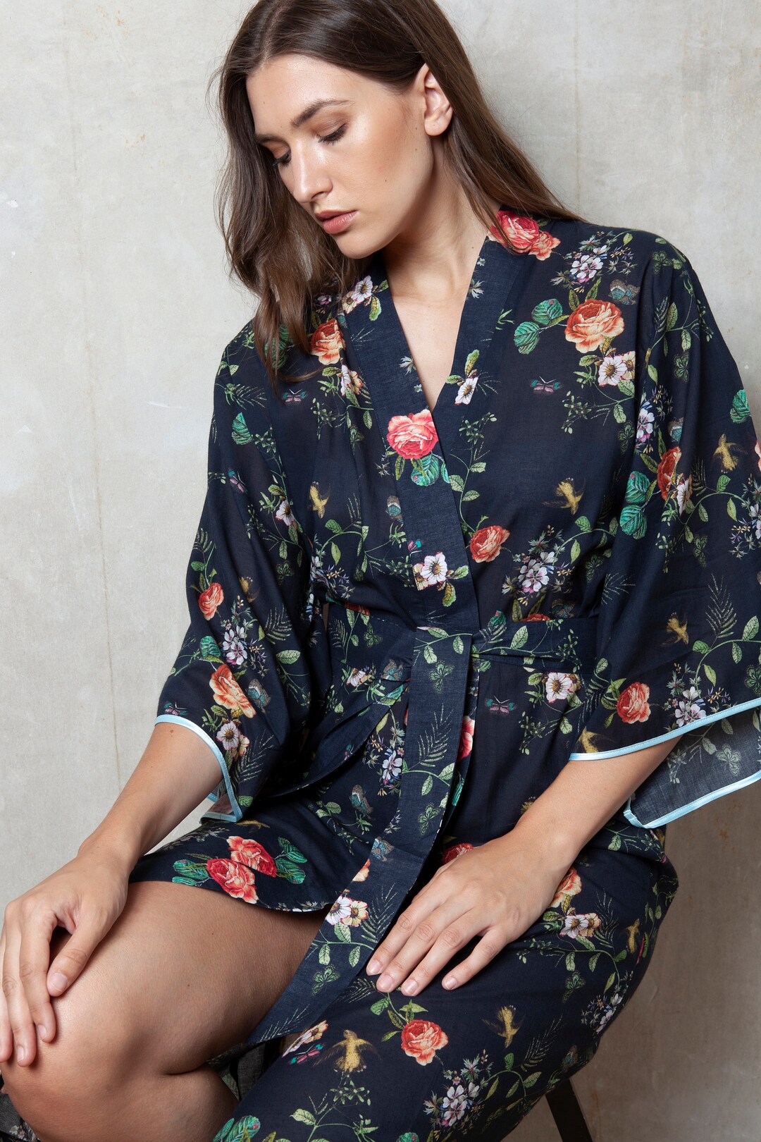 Cottonreal Ladies Navy Blue Hummingbird & Floral Print Cotton Robe ...