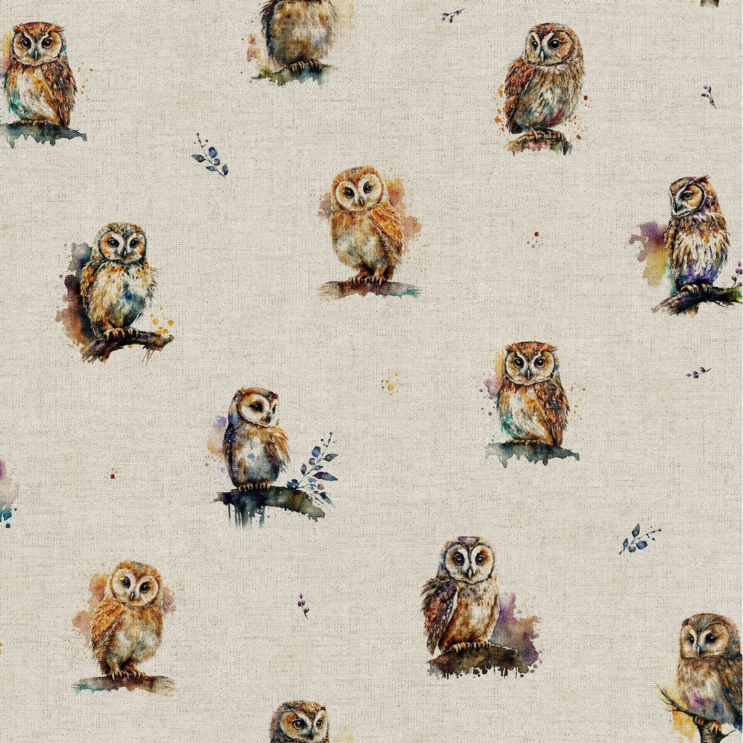 Upholstery Fabric Watercolour Owls on Natural Linen Look Craft Fabric ...