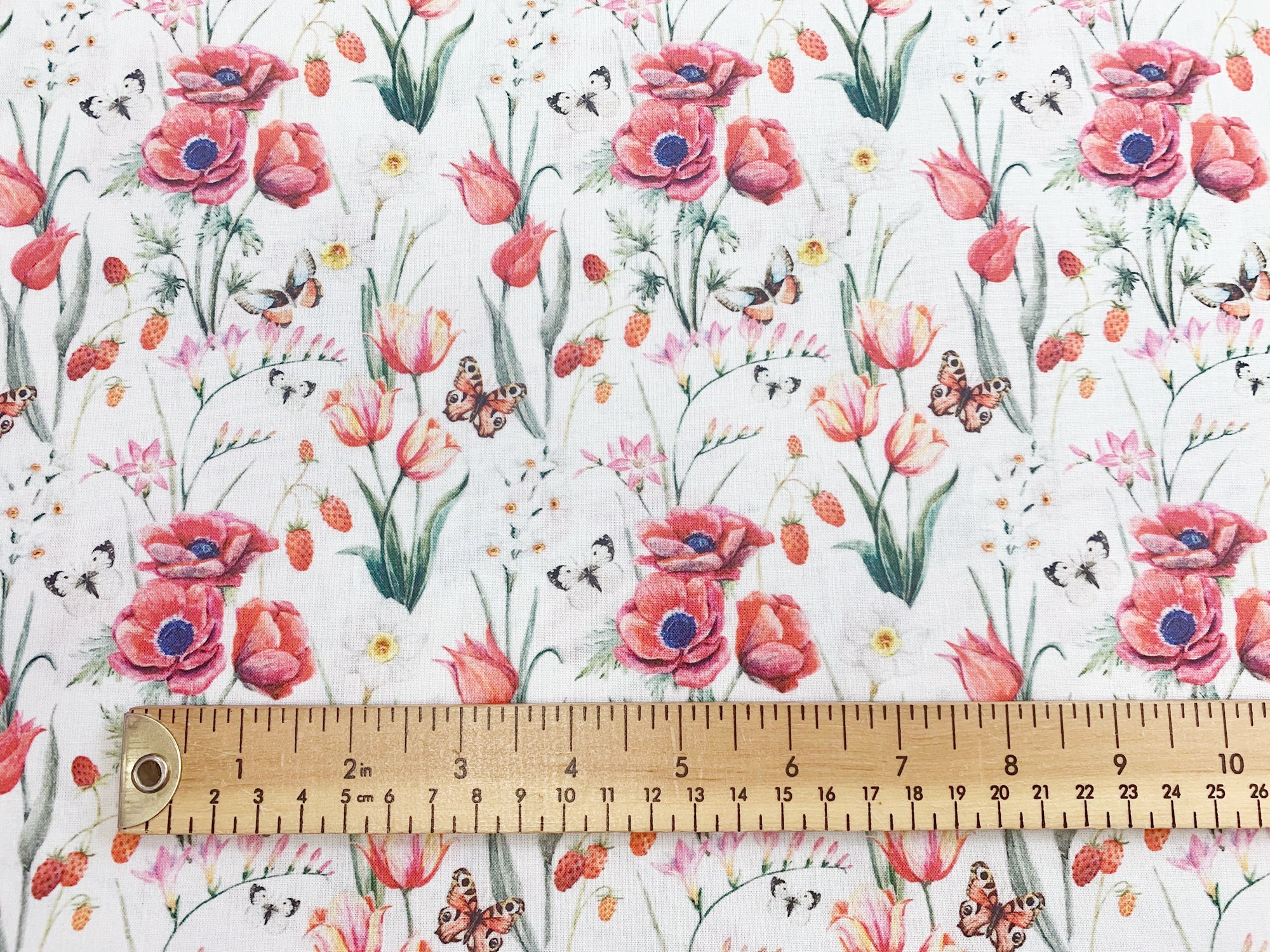 100% Cotton Red Poppy & Tulips on White Fabric Floral | Etsy