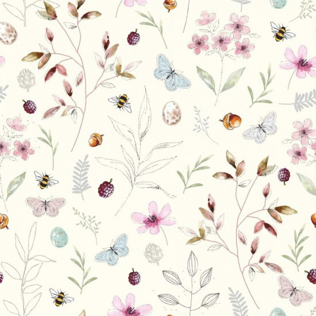 Nutex Fabric Birdsong Bees Butterflies Flowers & Leaves on Cream ...