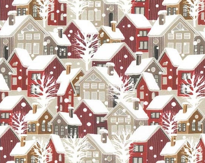 Christmas Fabric Snowy Village Town Houses Red Xmas Craft Fabric ...