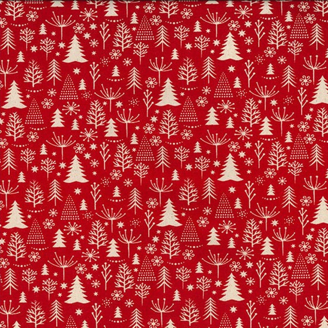 Christmas Fabric Red Scandi Xmas Tree Print Craft Fabric Material Metre ...