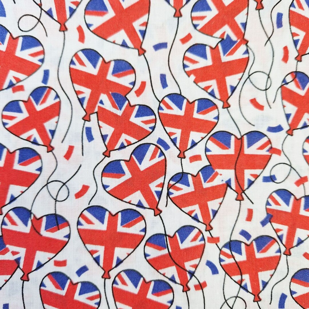 Coronation Fabric Union Jack Love Heart Balloon Print Polycotton Craft ...