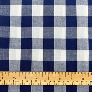 Navy Blue & White Gingham 1 Check Polycotton Craft Fabric Material ...