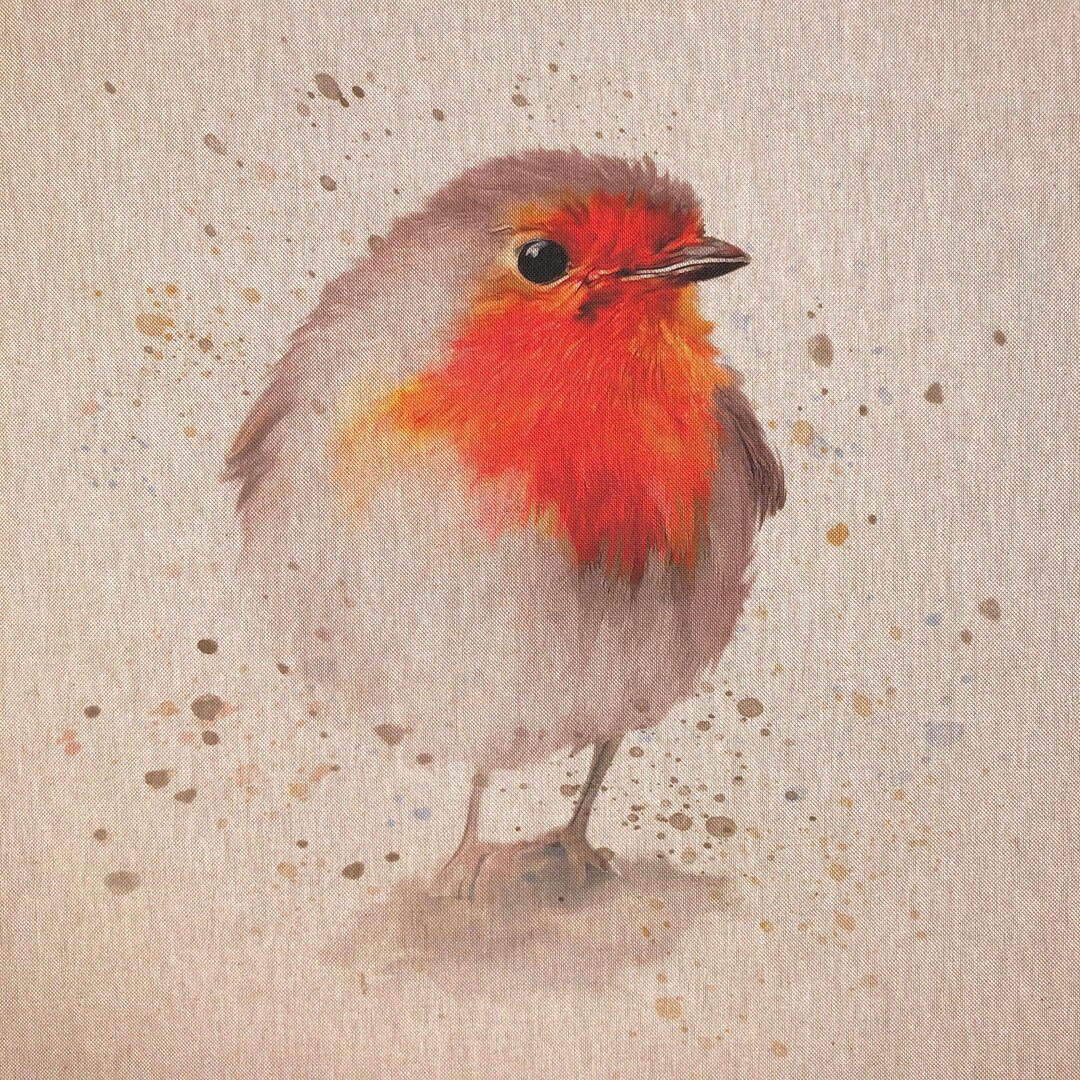 Cushion Panels Cute Red Robin Print Linen Look Cotton Rich Fabric Panel ...