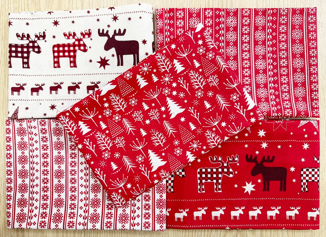 Fat Quarter Bundle Red Scandi Christmas Reindeers Trees Snowflakes