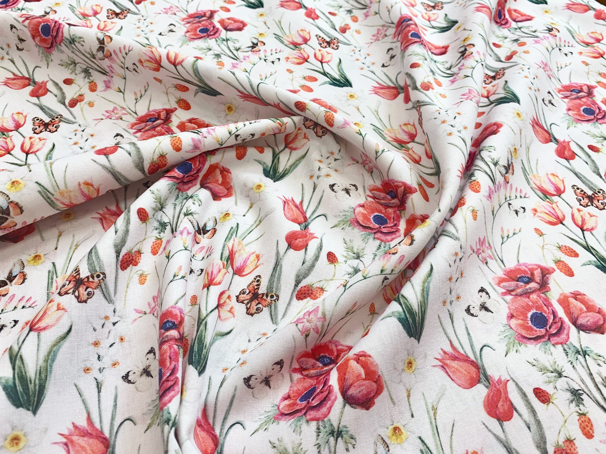 100% Cotton Red Poppy & Tulips on White Fabric Floral | Etsy