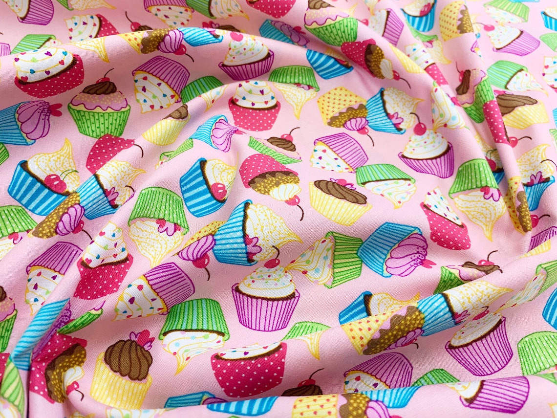 100% Cotton Fabric Cute Cupcakes on Pink Craft Fabric - Etsy