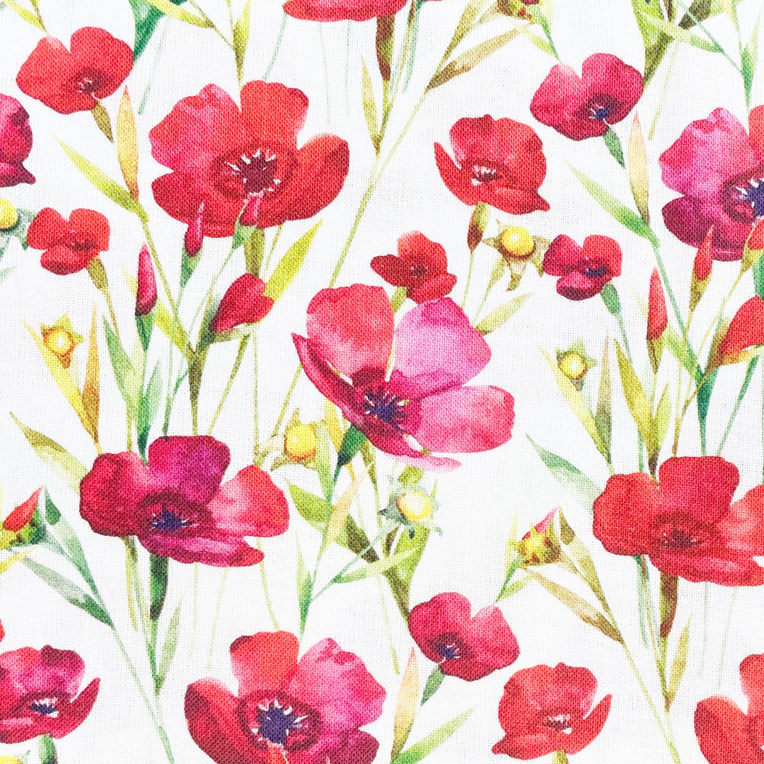 Cotton Fabric Red Poppy Flowers Floral Print Craft Fabric - Etsy