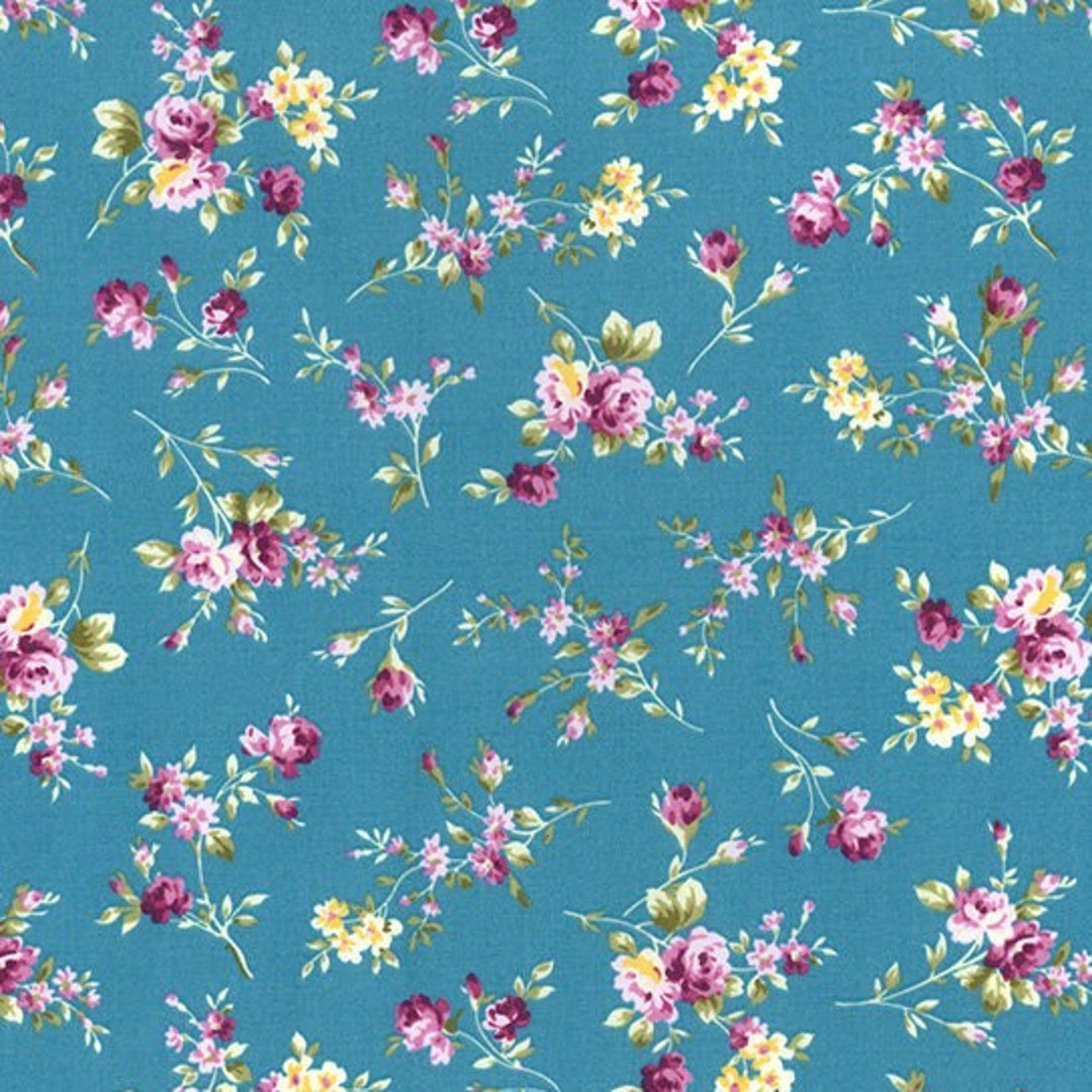 Cotton Fabric Rose Pink Floral on Copen Blue Craft Fabric Material ...