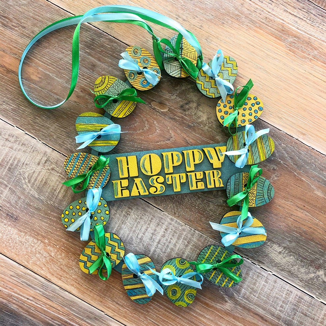 Hoppy Happy Easter Wreath Sign Eggs Layered Home Office Decor Hanging ...