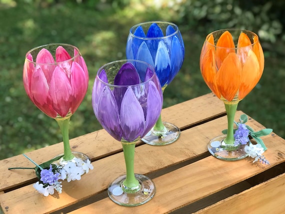Colorful Flower Bouquet Wine Glasses Hand Painted Glassware - Etsy
