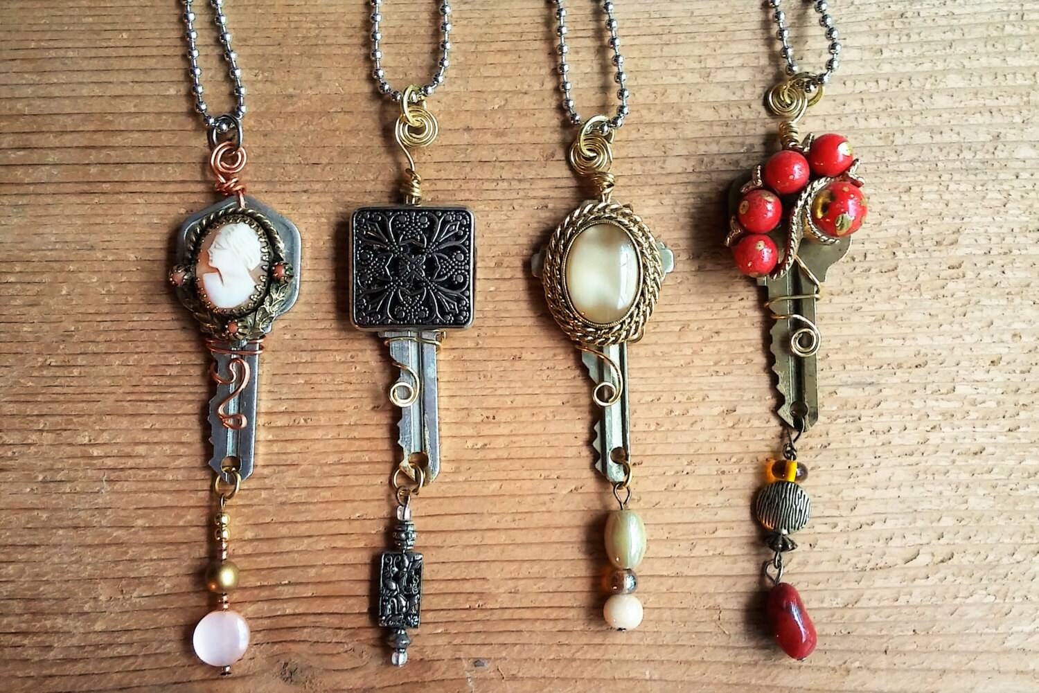 Wire Wrapped Beaded Vintage Upcycled Key Necklaces You Choose Design ...