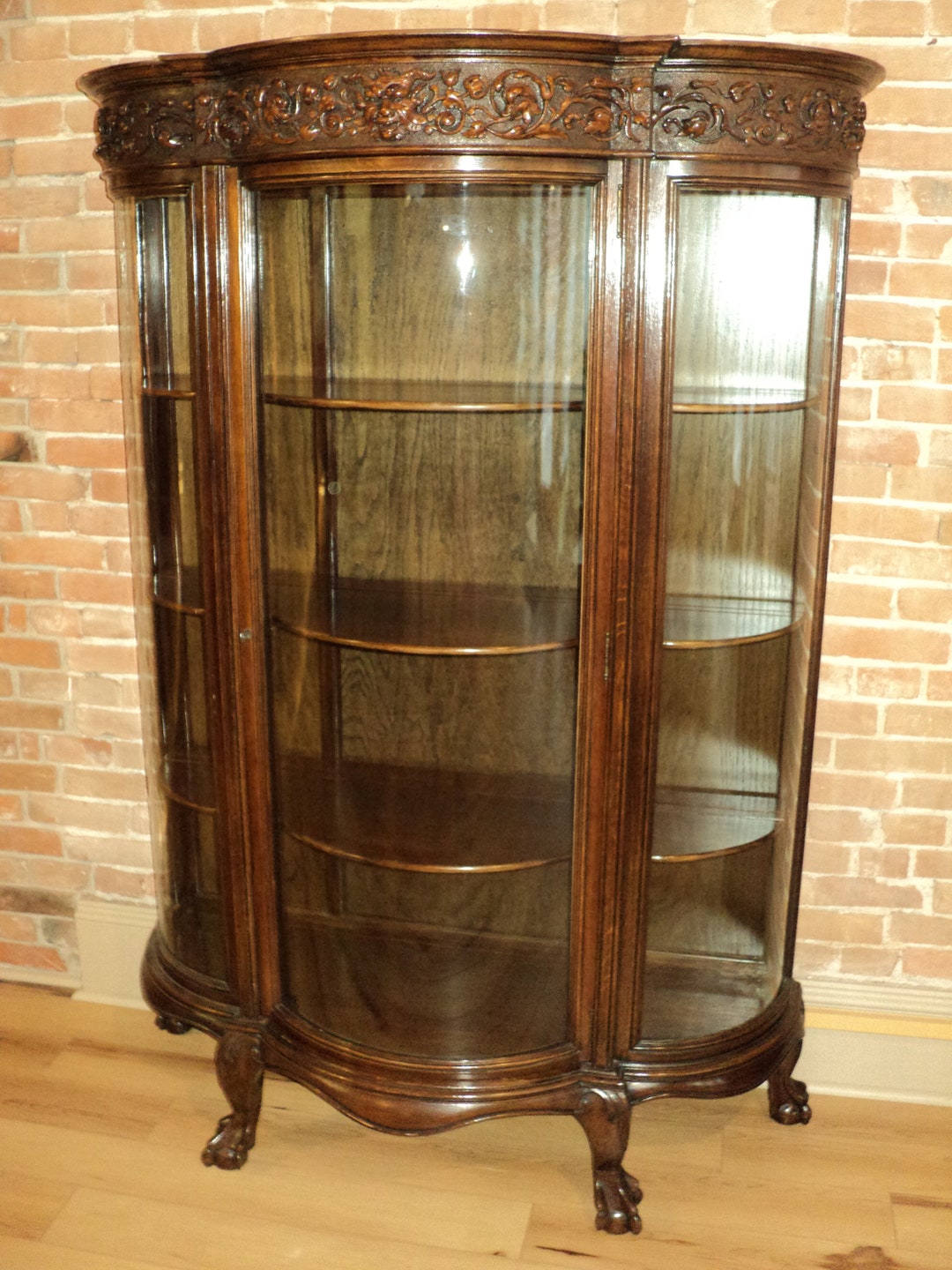 Antique Oak Curved Glass Claw Foot China Cabinet Shipping is - Etsy
