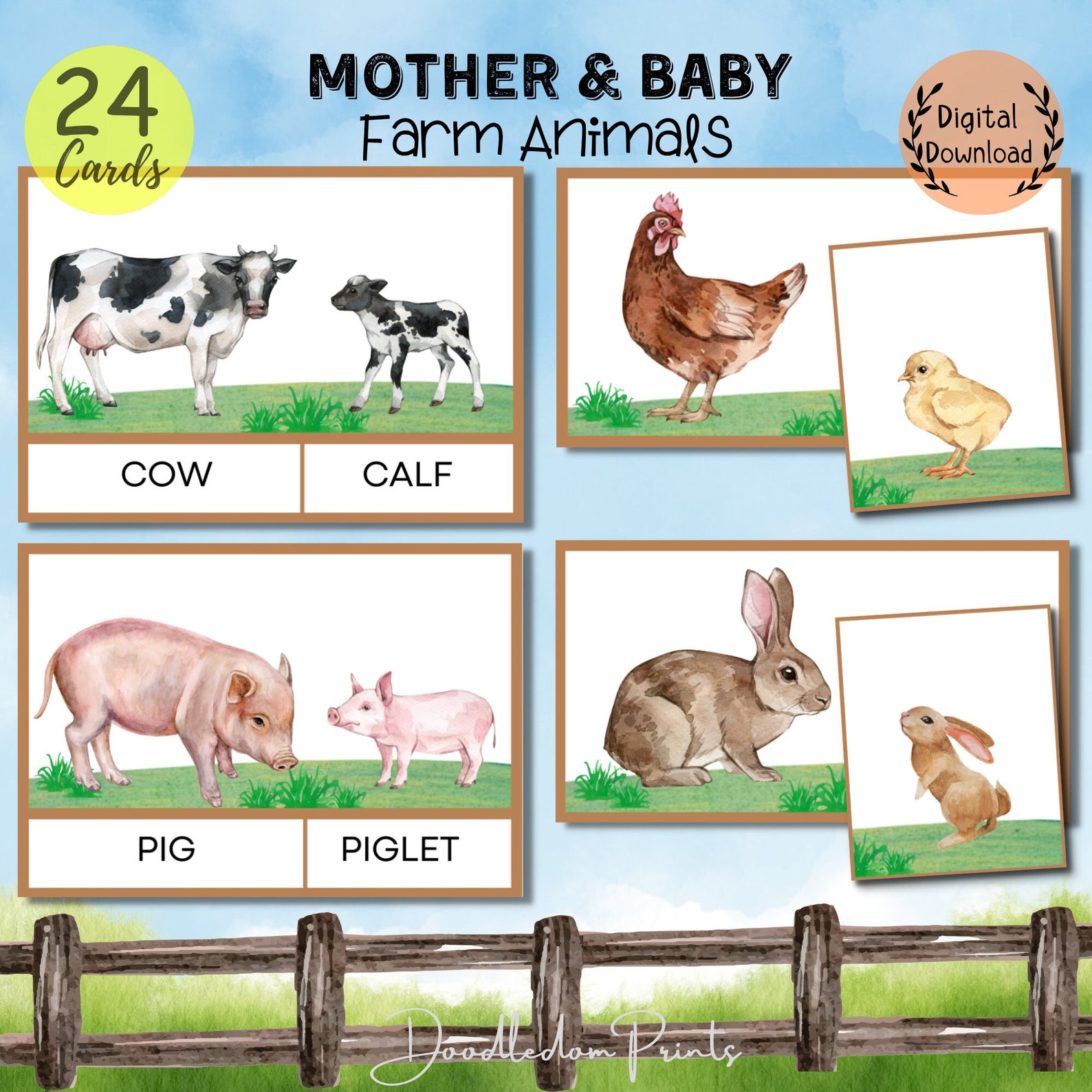 Farm Animal Mother and Baby Matching Spring Flashcards Montessori ...