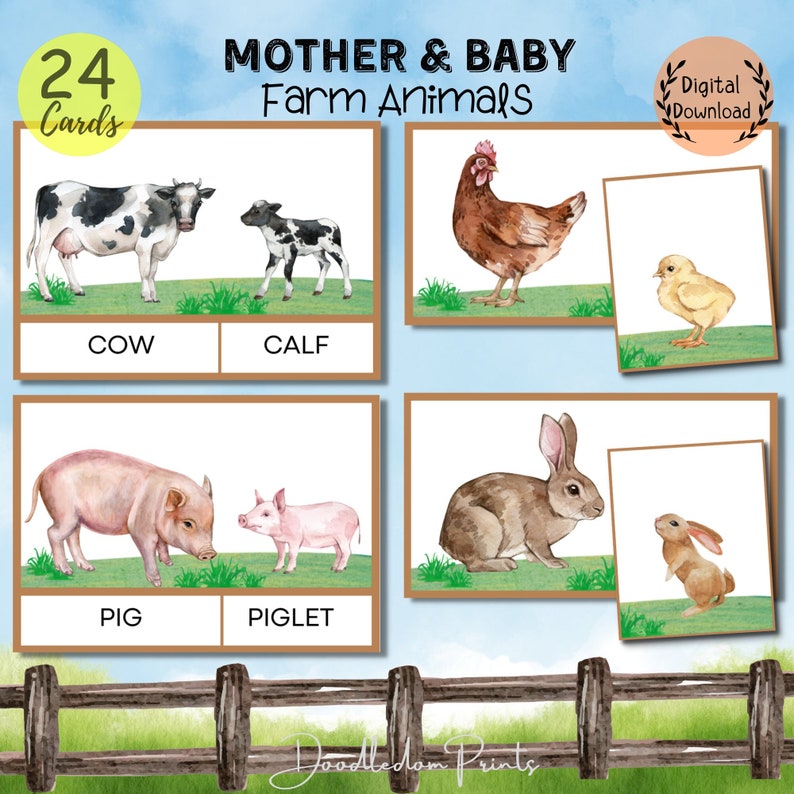 Farm Animal Mother and Baby Matching Spring Flashcards Montessori ...