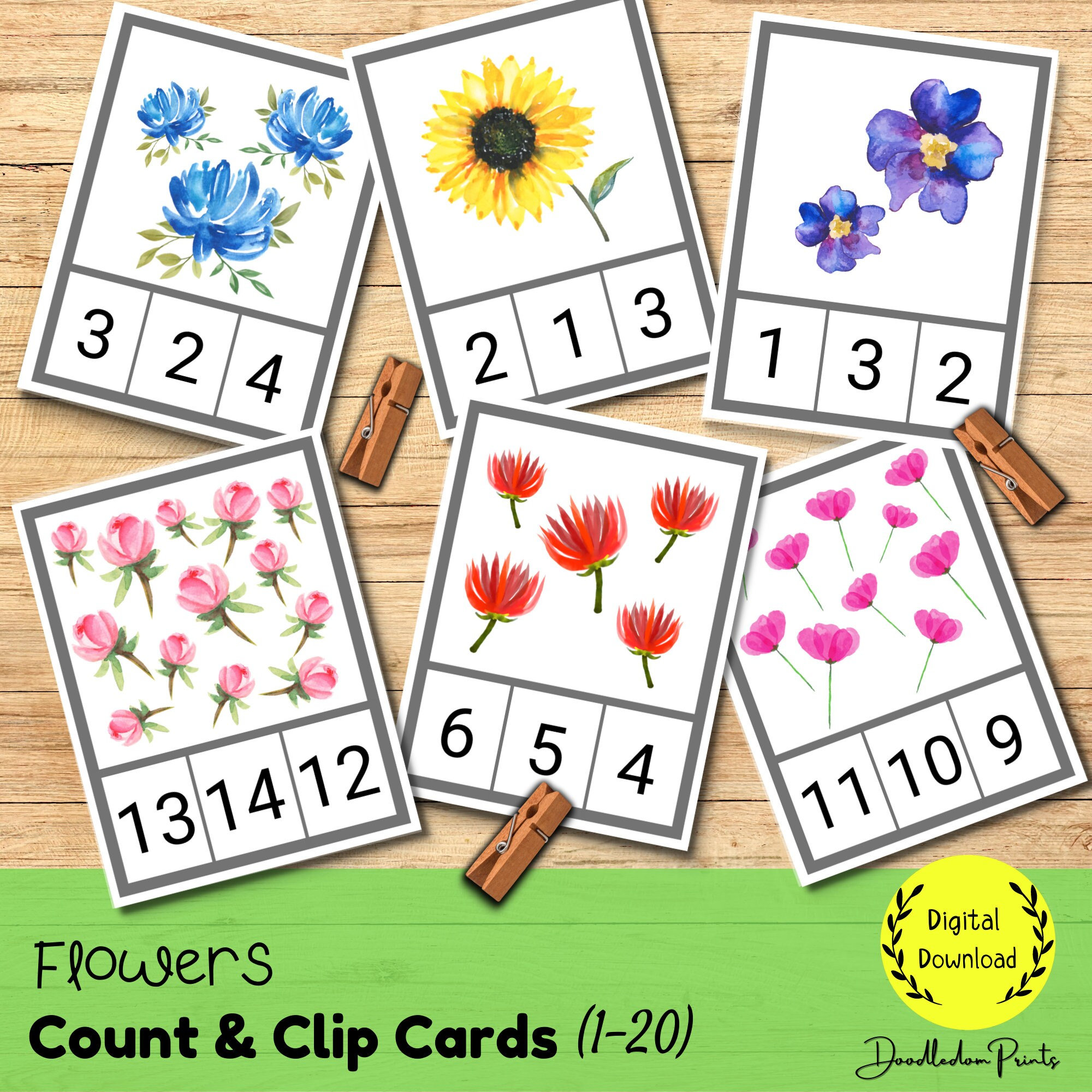 SPRING FLOWER Count and Clip Cards 1-20, Montessori Printable Material ...