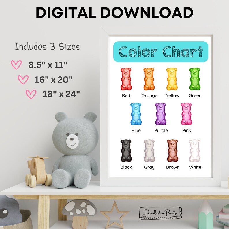 Color Chart, Educational Teddy Bear Printable, Watercolor Nursery Décor ...