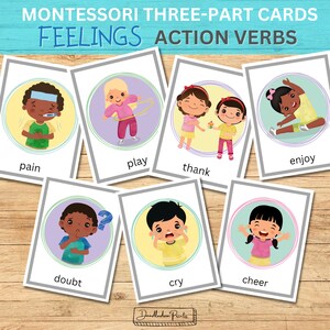 EMOTIONS Flashcards, Kids Feelings Action Verbs 3 Part Cards, Calm ...