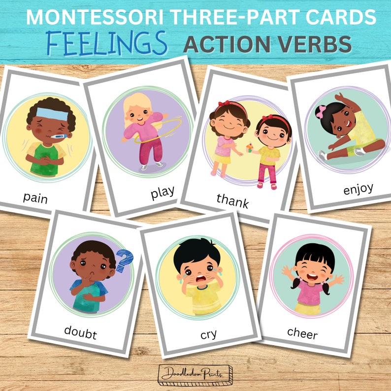 EMOTIONS Flashcards, Kids Feelings Action Verbs 3 Part Cards, Calm ...
