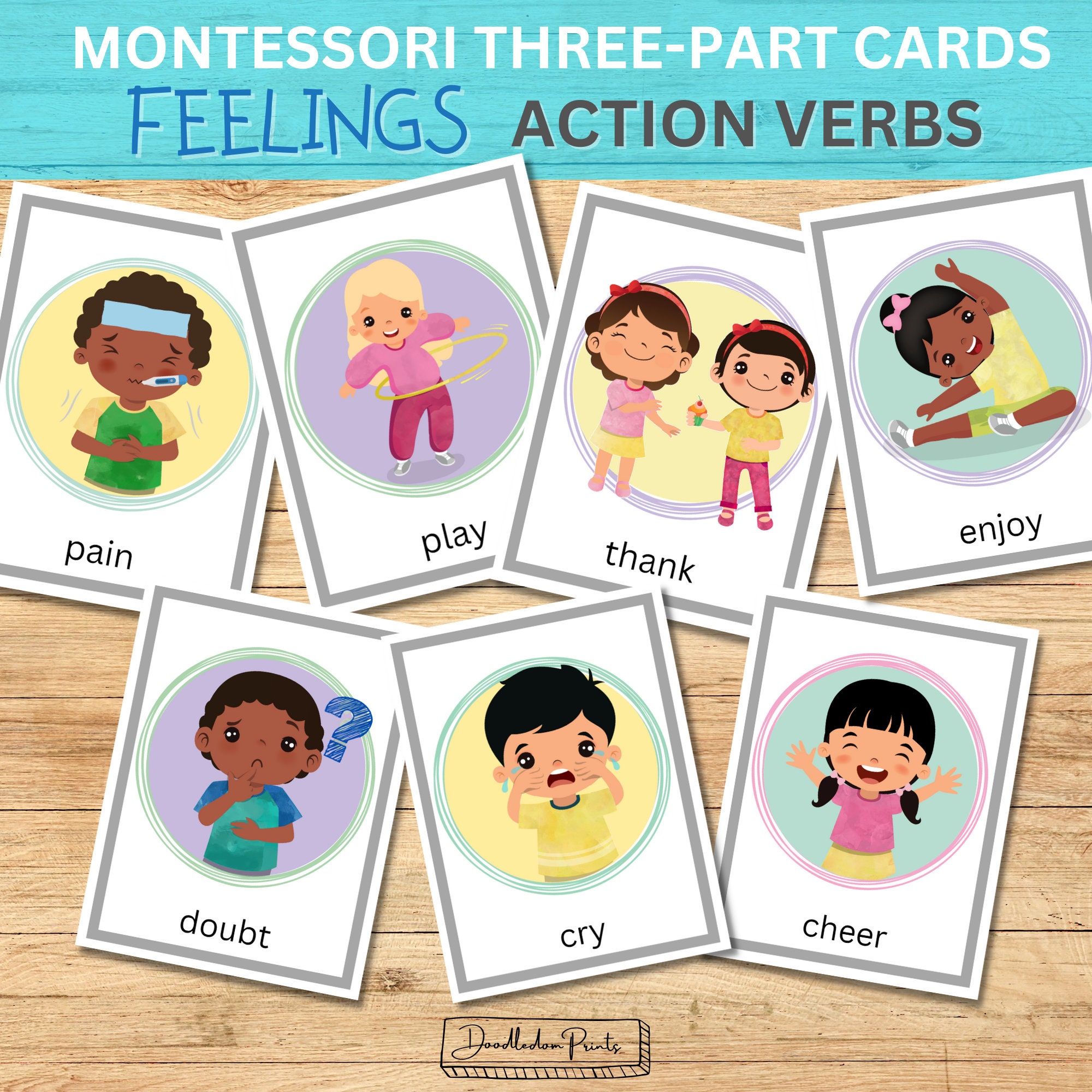 EMOTIONS Flashcards Kids Feelings Action Verbs 3 Part Cards - Etsy